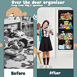 FYY Over The Door Organizer, Hanging Storage for Stuffed Animal with 4 Large Mesh Pocket Breathable Behind Door Wall Mount Organizer for Bedroom Bathroom Closet Toys Storage Black