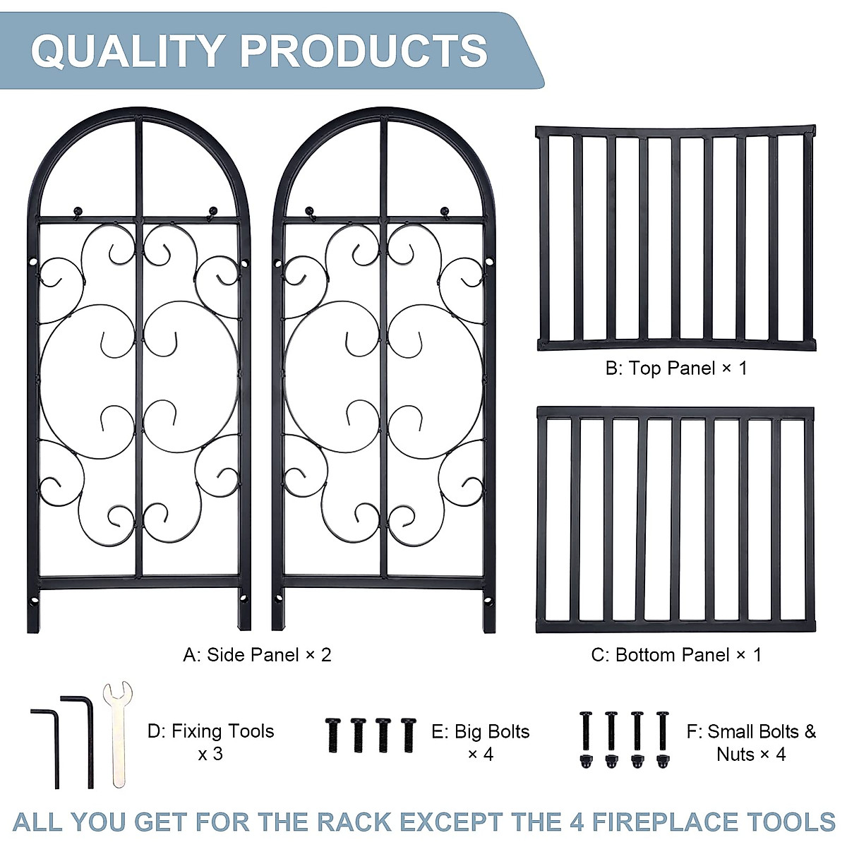 Sturdy Firewood Rack Fireplace Tools Set with 4 Fireplace Accessories Brush Shovel Poker Tong, Vertical Design 2 Shelves Log Storage Rack Holder, Holds a Great Amount of Wood Fireside Logs
