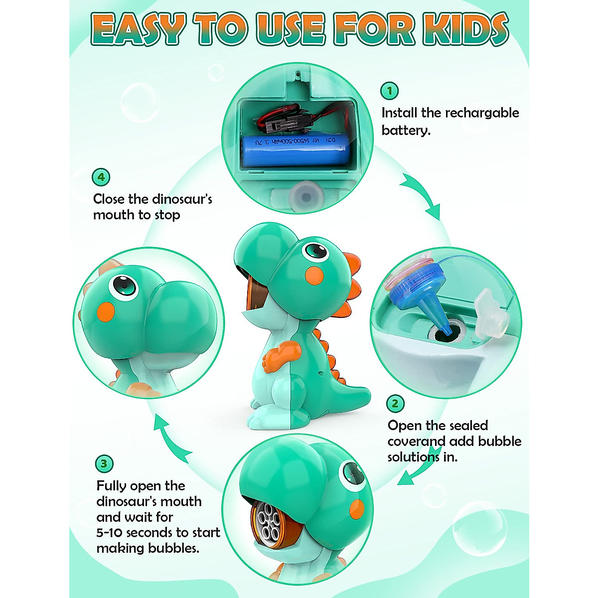 EduCuties Bubble Machine for Kids, Dinosaur Toys Automatic Bubble Blower Maker with Solutions for Toddlers Ages 4-8 Outdoor Toy for 3 4 5 6 Year Old Boys Girls Birthday Gift Present- Green