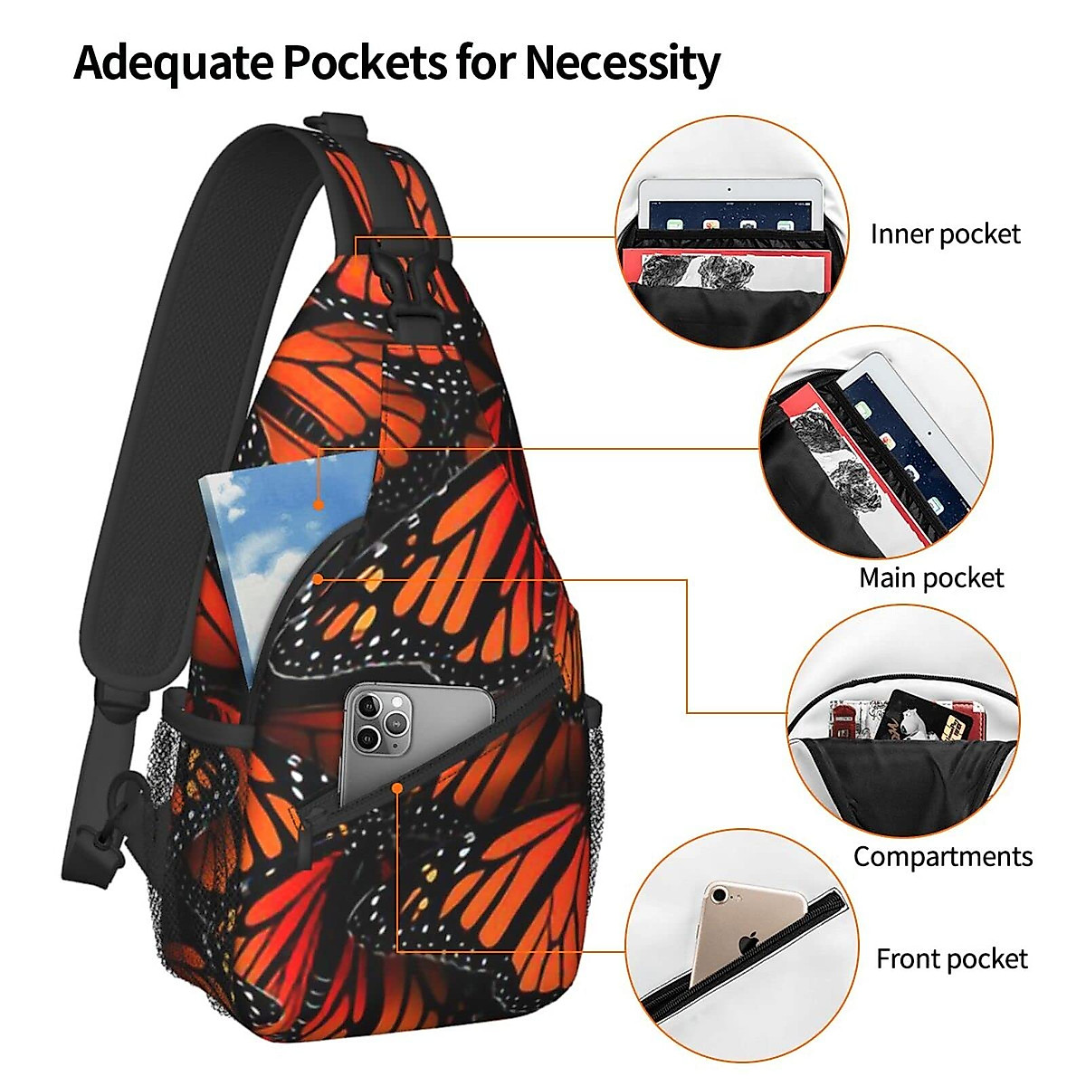 Hicyyu Monarch Butterflies Outdoor Crossbody Shoulder Bag For Unisex Young Adult Hiking Sling Backpack