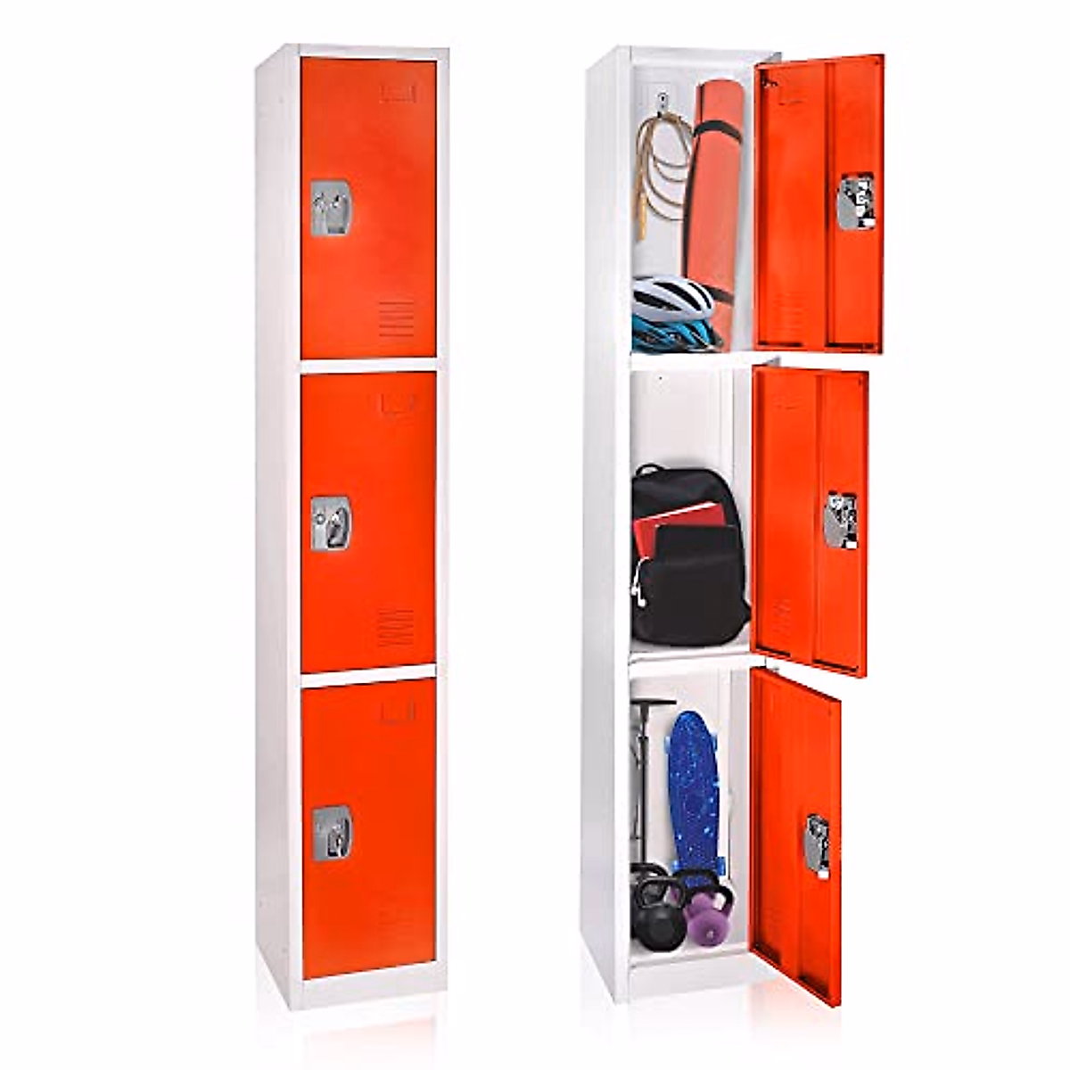 AdirOffice Large School Locker with 3 Doors 3 Hooks Storage Locker - Metal Storage Locker Cabinet Ideal for School, Garage, Office Lockers - (3 Door, Red)