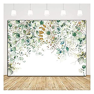 Gold and Green Eucalyptus Leaves Photography Background Spring Still Life Grass Leaf Background Prom Group Photo Backdrops for Wedding Baby Shower Birthday Party Decor Banner 7x5ft