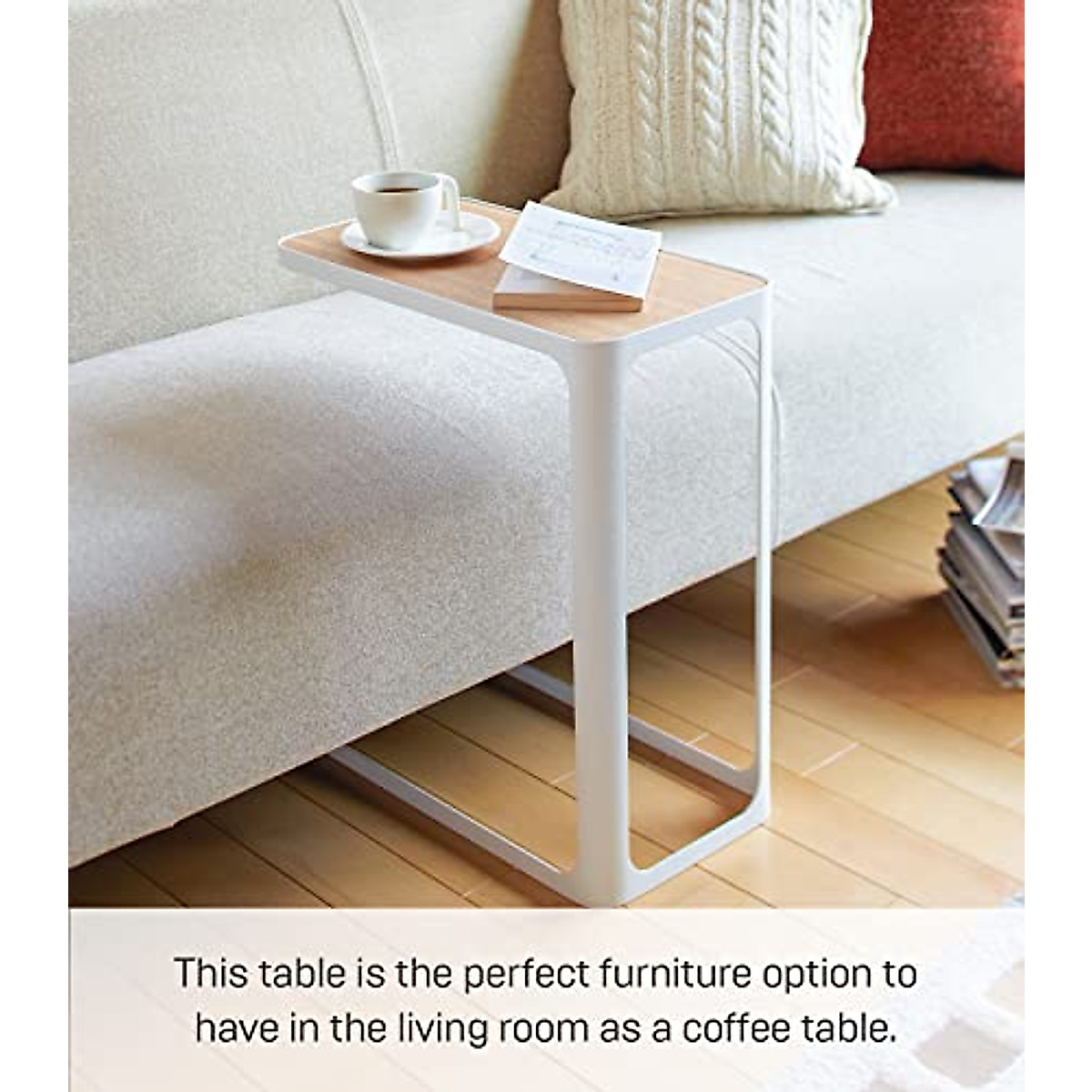 Yamazaki Home Small Metal and Wood Bedside Compact Side Table for Modern Living Room - Narrow C Shaped Slim End Table Steel One Size White