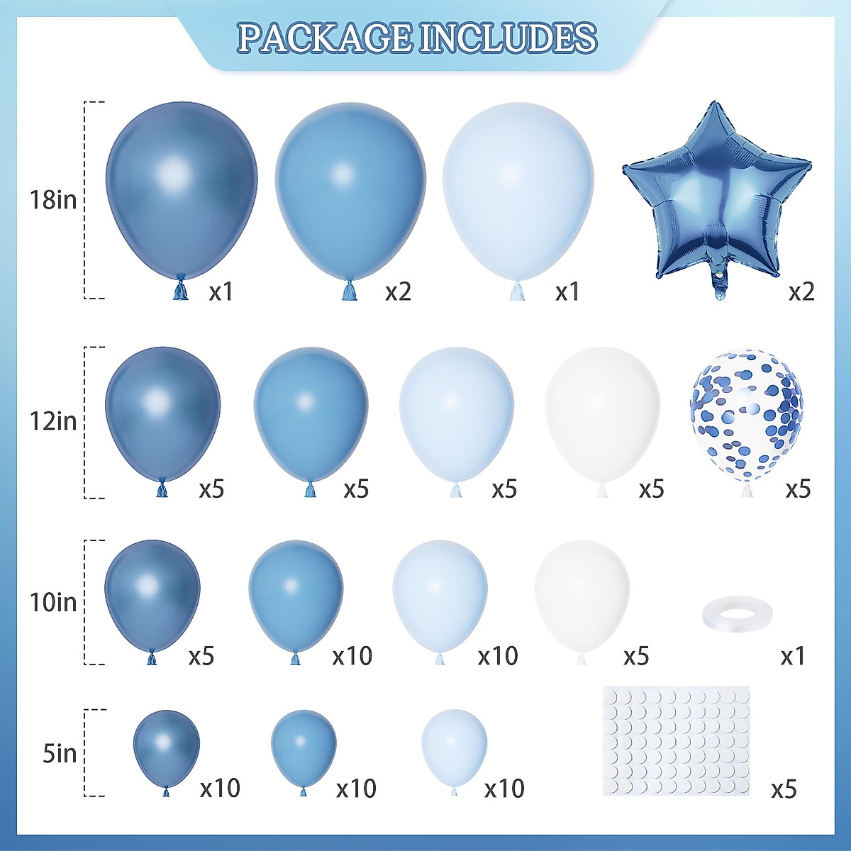 Ouddy Life Blue Balloons Arch Kit, Different Sizes 18 12 10 5Inch Pastel Blue White Latex Metallic Confetti Star Foil Balloon for Baby Shower Wedding Birthday Ocean Themed Graduation Party Decorations