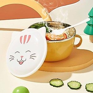 Hemoton Stainless Steel Noodle Bowl with Lid Cartoon Cat Bowl Instant Noodle Bowl Insulated Ramen Bowl Pasta Bowl Kitchen Tableware Yellow