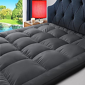 ELEMUSE Cooling Queen Mattress Topper, Extra Thick Mattress Pad Cover, Plush Pillow Top with Baffle Box Design, Soft Down Alternative Fill, Back Pain Relief, Hotel Feeling，Grey