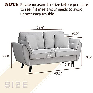 Shintenchi 63" Modern Fabric Loveseat Sofa Couch for Living Room Upholstered 2-Seat Low Back Deep Seat with 4 Pillows Furniture for Bedroom, Office，Studio Easy Assembly Light Grey