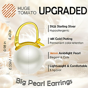 HUGE TOMATO Pearl Earrings for Women Trendy, 14mm 925 Sterling Silver Pearl Drop Earrings Fashion, 14K Gold Plated Hypoallergenic Large White Shell Pearl Hoop Earring Dangle Jewelry for Wedding Gift