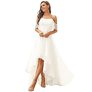 Ever-Pretty Womens Lace Spaghetti Straps Off Shoulder High Low Floor Length Wedding Dress for Bride White US12
