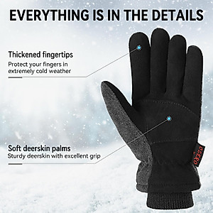 OZERO Winter Gloves for Men Women: Water-Resistant Windproof Work Gloves Leather Palm for Cold Weather Driving, Shoveling Snow, Hiking (Gray,Medium)