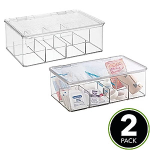 mDesign Plastic Divided First Aid Storage Box Kit with Hinge Lid for Bathroom, Kitchen, Cabinet, Closet - Organize Medicine, Ointments, Adhesive Bandages, Dental - 8 Sections, 2 Pack - Clear