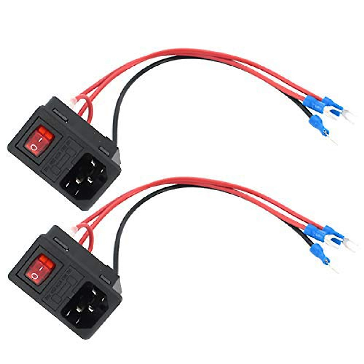 DEVMO 2pcs 10A 250V Rocker Switch Power Socket Inlet Module Plug 5A Fuse Switch with 18 AWG Wiring 3 Pin IEC320 C14 Connected Terminal Crimps and Wires