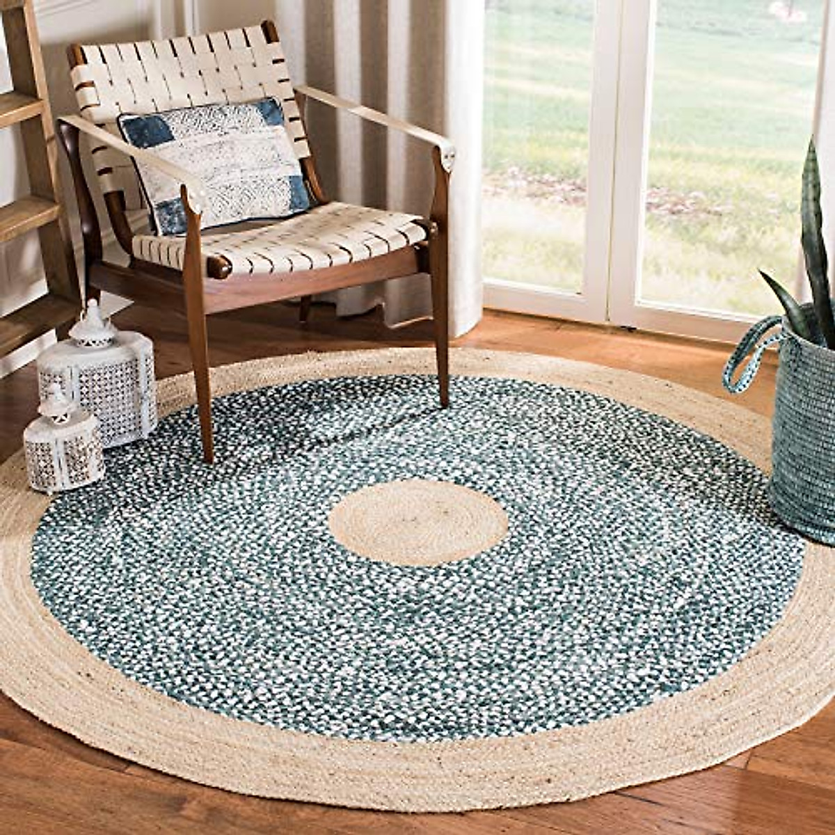 SAFAVIEH Cape Cod Collection 6' Round Gold / Natural CAP210D Handmade Braided Jute & Cotton Area Rug