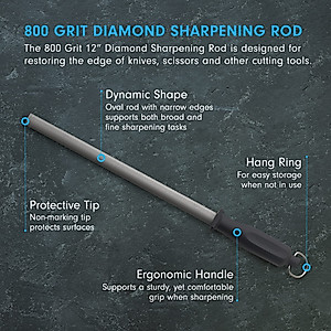 Messermeister 12” Diamond Oval Sharpening Rod - Knife Sharpener - Fast-Cutting 800 Grit Diamond Abrasive - Ergonomic Handle & Non-Marking Tip
