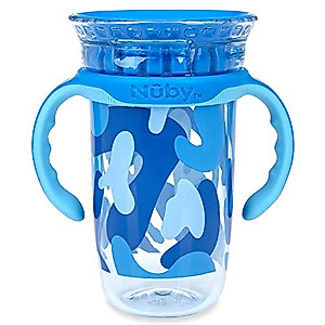 Nuby 360 Edge 2 Stage Drinking Rim Cup with Removable Handles & hygienic Cover: 10 Oz/ 300 Ml, 12M+, Camo, Blue (80807)