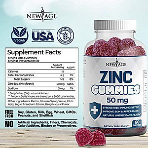 Zinc Gummies - 2 Pack - 50mg High Potency Immune Booster Zinc Supplement, Immune Defense, Powerful Natural Antioxidant, Non-GMO - by New Age, 120 Count