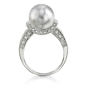 The Pearl Source 18K Gold 10-11mm round Genuine White South Sea Cultured Pearl & Diamond Ring for Women