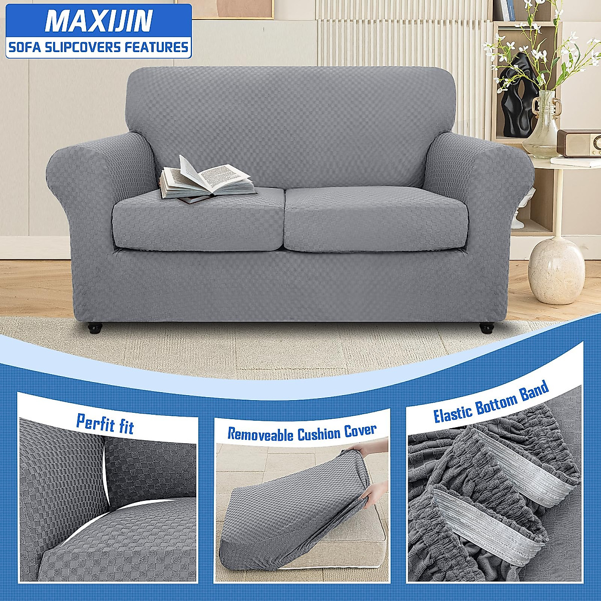 MAXIJIN 3 Piece Jacquard Couch Covers for 2 Cushion Couch Stretch Non Slip Love Seat Couch Cover for Dogs Pet Friendly Elastic Furniture Protector Loveseat Slipcovers (Loveseat, Light Gray)