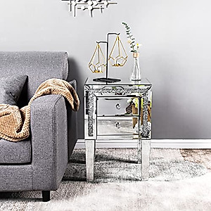 VINGLI Mirrored Nightstand Set of 2 Silver Glass Sofa/Couch Side Tables Bedroom End Tables with Storage, 24.8 inch Tall