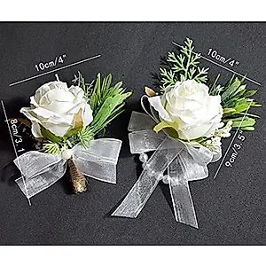 OUKEYI 4PCS Rose Flower Wrist Corsage Boutonniere Set, Handmade Artificial Corsage Set, Bride Hand Flower Wristlet Band Bracelet and Men Boutonniere for Wedding Party Prom Decorations (Corsage)