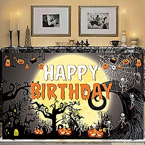 Famoby Happy Birthday Halloween Theme Fabric Sign Poster Banner Backdrop Halloween Pumpkin,Ghouls, bat,spide for Brithday Photo Booth Background Party Decoration