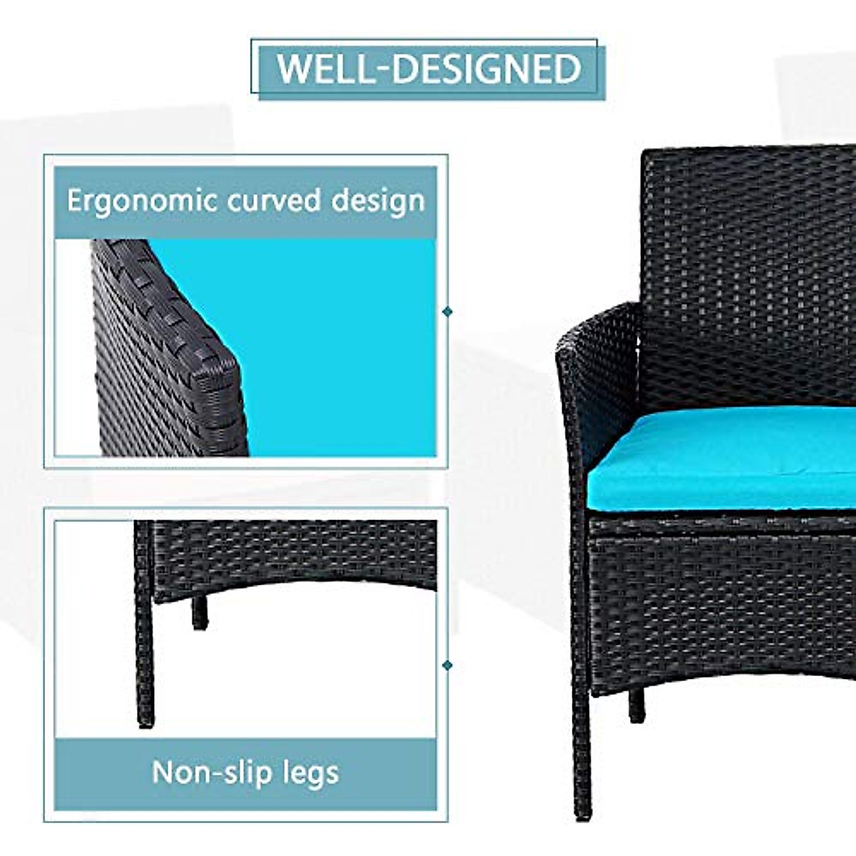 Cemeon 3-Piece Patio Bistro Set Outdoor Conversation Set, Black Wicker Porch Chairs Set Garden Furniture with Coffee Table (Blue Cushion)