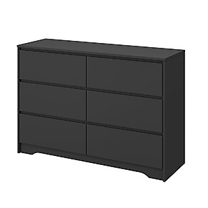 Panana Modern 6 Drawer Double Dresser, Wood Wide 6 Chest of Drawers with Deep Drawers Floor Storage Lateral Drawer Cabinet Organizer for Living Room Bedroom Home Office (Black)
