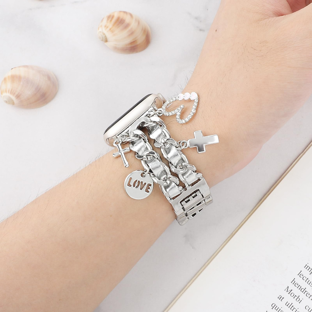 REALSIGN Stylish Metal Wristband Compatible with Apple Watch 38mm, 40mm, 41mm, Series 9, 8, 7, 6, 5, 4, 3, 2, 1, Silver Leather