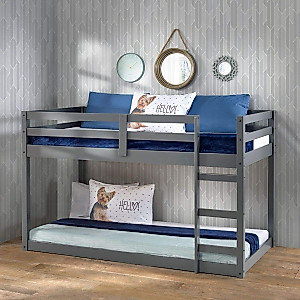 Low Bunk Beds Twin Over Twin, Wood Twin Bunk Bed Frame with Safety Rail Ladder for Kids Bedroom, Gray Loft Bed for Boys Girls Toddlers