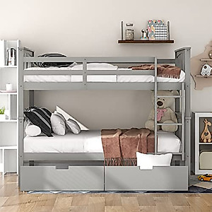 Full over Full Bunk Bed with Storage Drawers, Bunk Beds Full Over Full with Safety Rail and Ladder, Wood Full Bunk Bed for Adults, Kids, Teens No Box Spring Needed (Full, Grey)