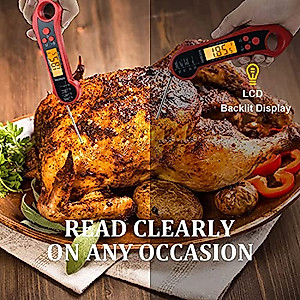 Instant Read Meat Thermometer for Cooking, Waterproof Digital Food Thermometer Dual Probe Design with Magnet, Backlight, Calibration and Foldable Probe for Deep Frying, Grill, BBQ, Kitchen(Red)