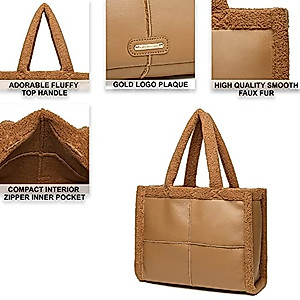 Like Dreams Women Soft Sherpa Tote Vintage Vegan Leather Winter Fashion Large Handbag Purse (Camel)
