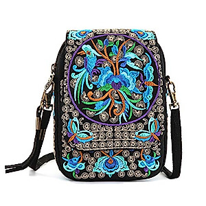 Goodhan Vintage Printed Handmade Women Mini Crossbody Bag Cellphone Pouch Small Handbag Coin Purse (Style 01: Basic Version - Blue Multicolor)