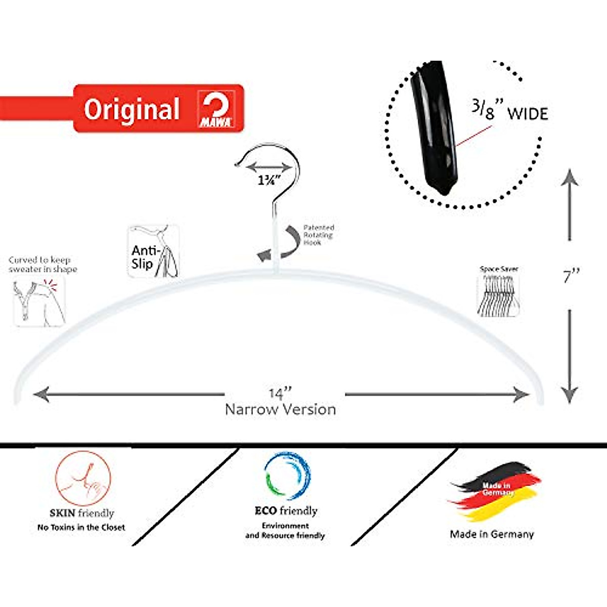 Mawa by Reston Lloyd Euro Narrow Clothing Hangers, Set of 10,White