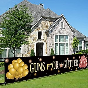 Joyiou Guns Or Glitter Decorations Banner Porch Sign, Large Baby Shower Party Sign Supplies, Gender Reveal Photo Booth Props Backdrop (9.8x1.6ft)