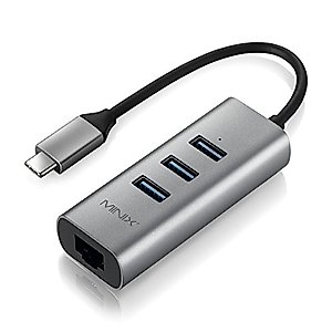 MINIX NEO-C-UEGR, Aluminium USB-C to 3-Port USB 3.0 and Gigabit Ethernet Adapter - for Windows, Mac and Chrome OS, Grey