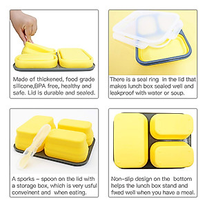 fancyfree Collapsible Silicone Benton Container, Leakproof Lunch Box with 3 Compartments, BPA Free Safe Food Storage Organizer (Yellow)