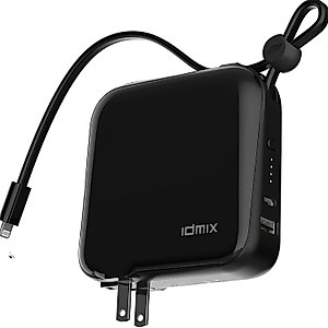 IDMIX Power Bank 10000mAh with MFI Cable, AC Foldable Portable Charger, 20W Fast Battery Pack with USB-A Output, USB-C Output, Compatible for iPhone16/15, Samsung S24, ipad, and More (Black)