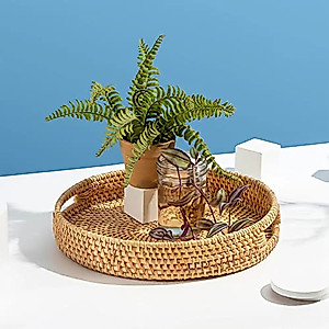 Decorative Coffee Table Tray | Farmhouse Boho Decor | Round Rattan Tray Basket | Wicker Serving Tray with Handles | Drink, Tray for Ottoman | Circle Round Tray | Fall Decor