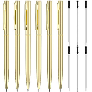 6 Pieces Metallic Ballpoint Pen Slim Retractable Ballpoint Pen Black Ink Metal Pen Mini Conical Ballpoint Pen and 6 Refills for Wedding Business Office Student Teacher, 1.0mm Medium Point (Gold)