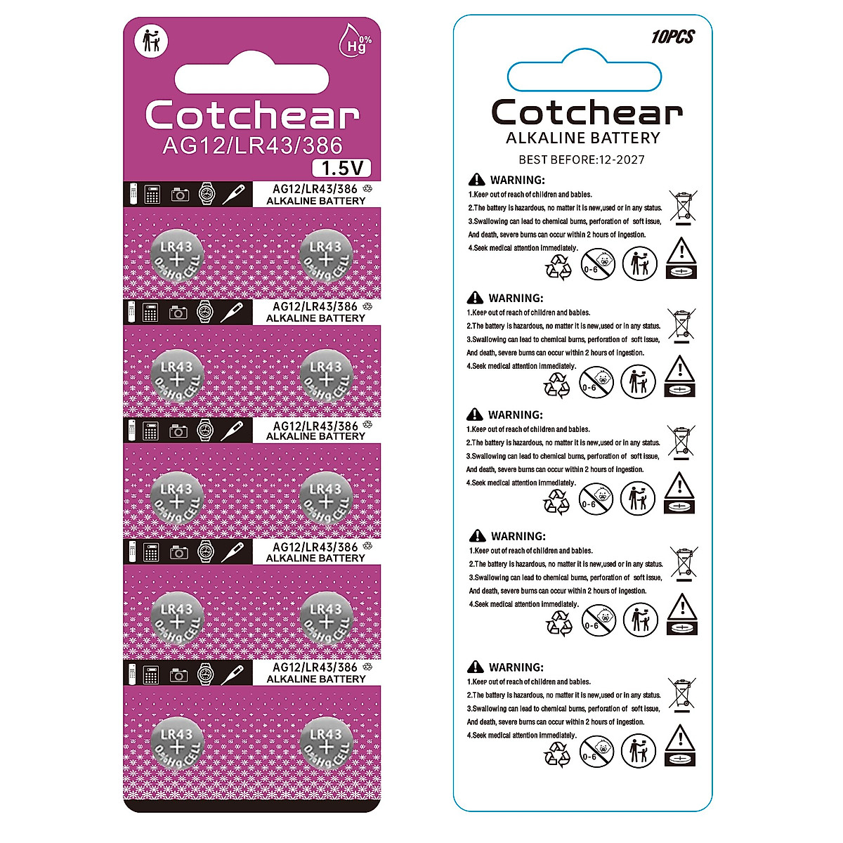Cotchear 10pcs LR43 Batteries 1.5V AG12 Button Cell Battery L1142 SR43 SR43 260 386 Battery for Watch Toys