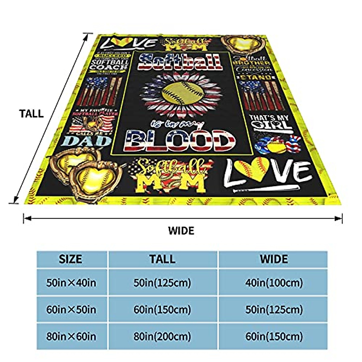 CHILL·TEK Love Softball Blanket, Softball in My Blood Throw Blankets Soft Lightweight Bed Blanket Cozy Warm Velvet Blanket Gift for Men Boys All Season Flannel Blanket for Couch Bed Sofa, 80"x60"