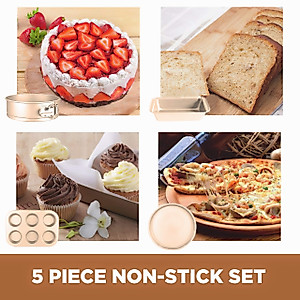 Two Moles Bakeware 5 Pcs Set. Includes Springform Cake Pan (6.25''), Muffin Pan, Square(Cookie Sheets), Rectangle Loaf Pan & 8'' Round Personal Pizza Pan