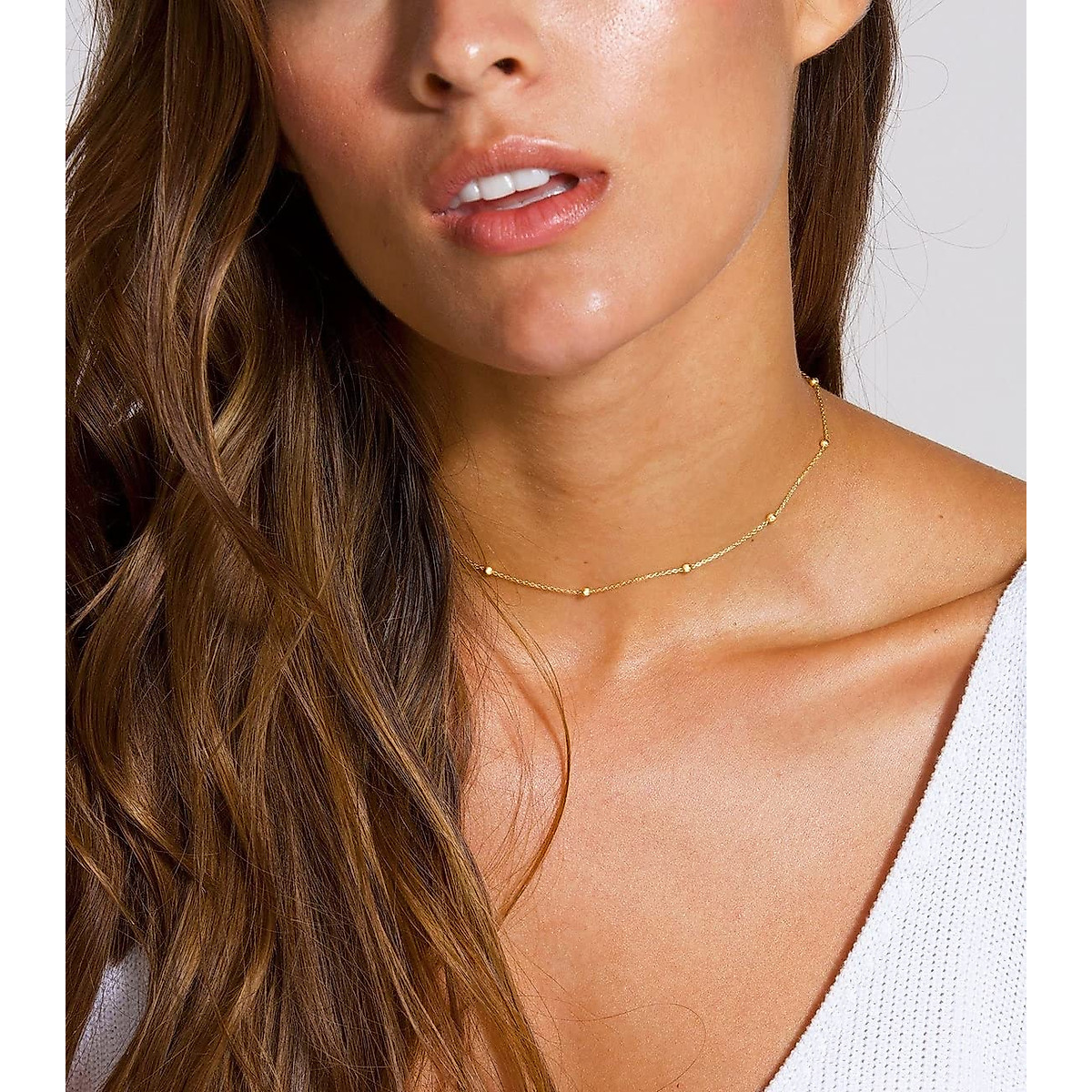 BERISO 14K Gold/Silver Plated Choker Necklace for Women Shining Dots Station Gold Chain Necklace Beads Sparkle Chain Necklace Link Chain Exquisite Jewelry for women