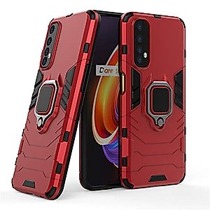 Compatible with Realme7 Case, Metal Ring Grip Kickstand Shockproof Hard Bumper (Works with Magnetic Car Mount) Dual Layer Rugged Cover for Oppo Realme 7 (Red)