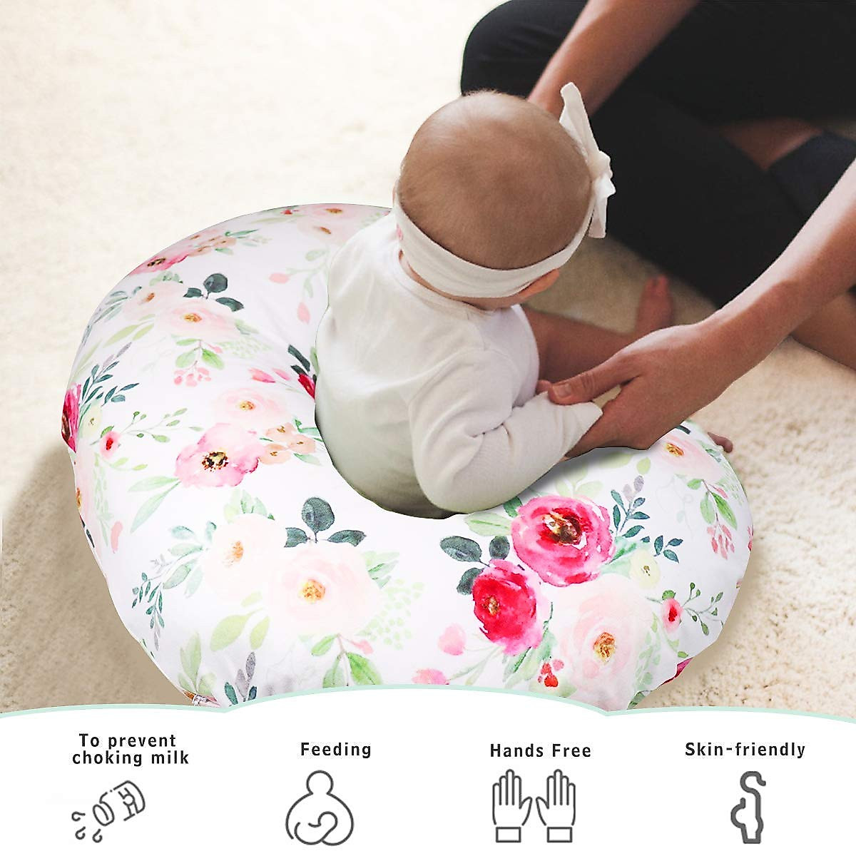 Floral Nursing Pillow Cover & Carseat Cover Set, Breastfeeding Pillow Slipcover & Car Seat Canopies for Baby Boys & Girls, Nursing Pillow Case & Stroller Covers for Newborn, Soft Fabric Fits Snug On I