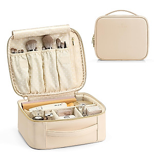 Vlando Travel Makeup Bag, Makeup Bag Organizer,Gift Ideas for Women Girls,Makeup Storgae Bag with Dividers and Handle,Gifts for Christmas,Birthday,Wedding Beige