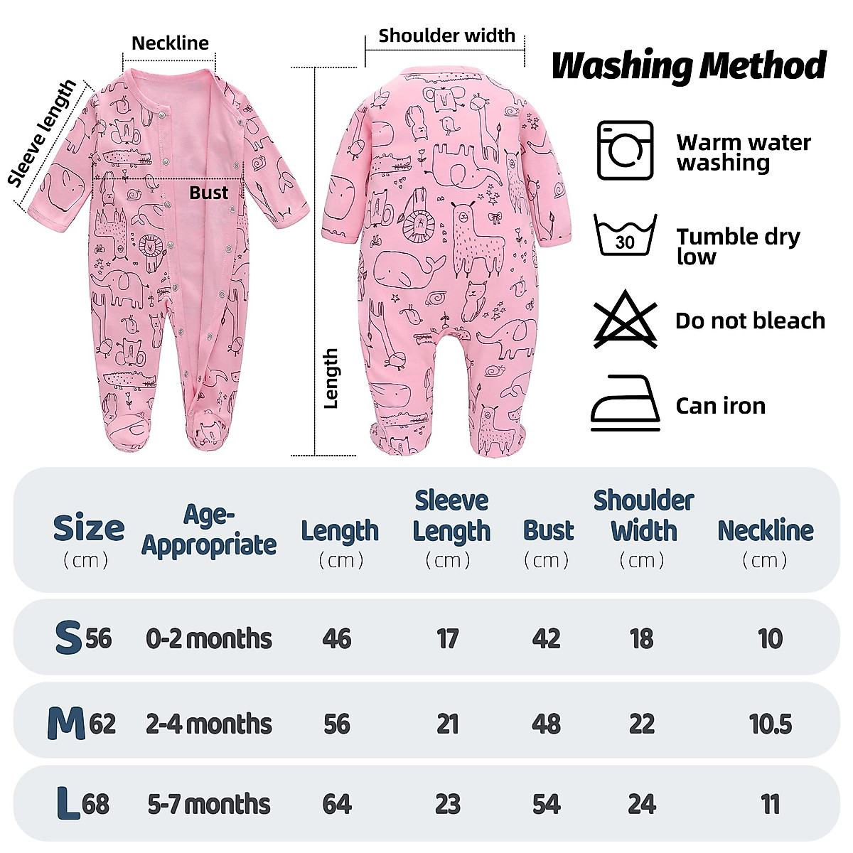 LAT 3 Pcs Infant Girls Boys Footie Onesies Sleeper Newborn Cotton Sleepwear Outfits (Orange fox + Raindrops, S (56cm))