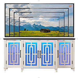 JXQTLINGMU TV Stand for 80 Inch TV, Farmhouse Entertainment Center with RGB LED Light, Media Console with 3 Ultra Large Storage Cabinets and 3-Sides Hollow Out for Living Room, Bedroom, Antique White