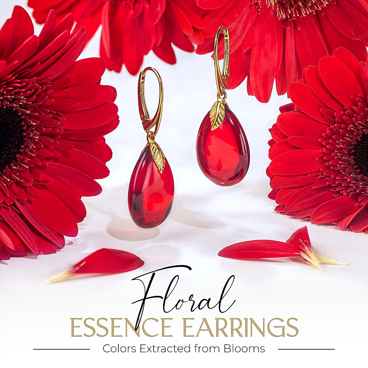 Amber by Mazukna - Cherry Red Amber Earrings for Women - Yellow Gold Plated Silver Leverback Closure - 1.69x0.59inch 0.19oz- Dainty Natural Gemstone Drop Jewelry